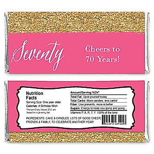 Big Dot of Happiness Chic 70th Birthday - Pink and Gold - Birthday Party Favors Candy Bar Wrappers - Set of 24