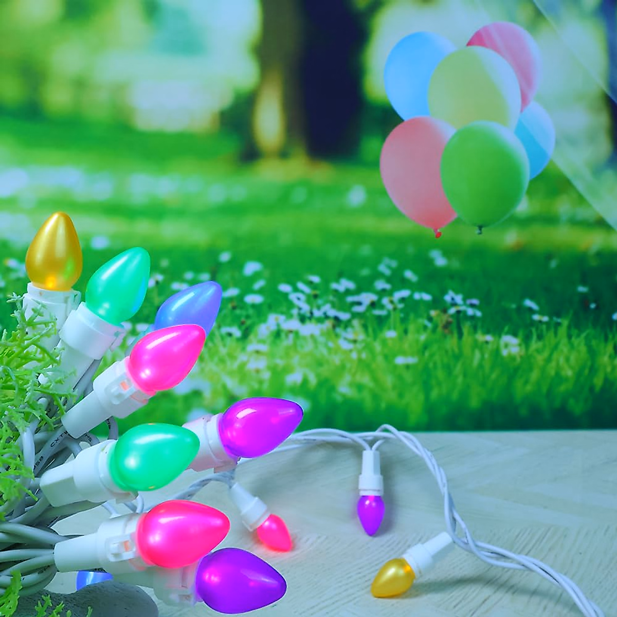 Solduce Easter String Lights LED Multi Color Glass C3 Lights 50 Count Easter Pastel Light 120V UL Certified Connectable Outdoor String Light White Wire for Party Patio Home