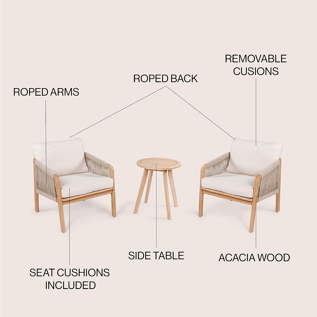 JONATHAN Y LVG1203A-3SET Aveiro 3-Piece Modern Bohemian Roped Acacia Wood Conversation Outdoor Patio Set with Cushions Coastal, Contemporary, Transitional, Rustic, Cottage, Beige/Light Teak