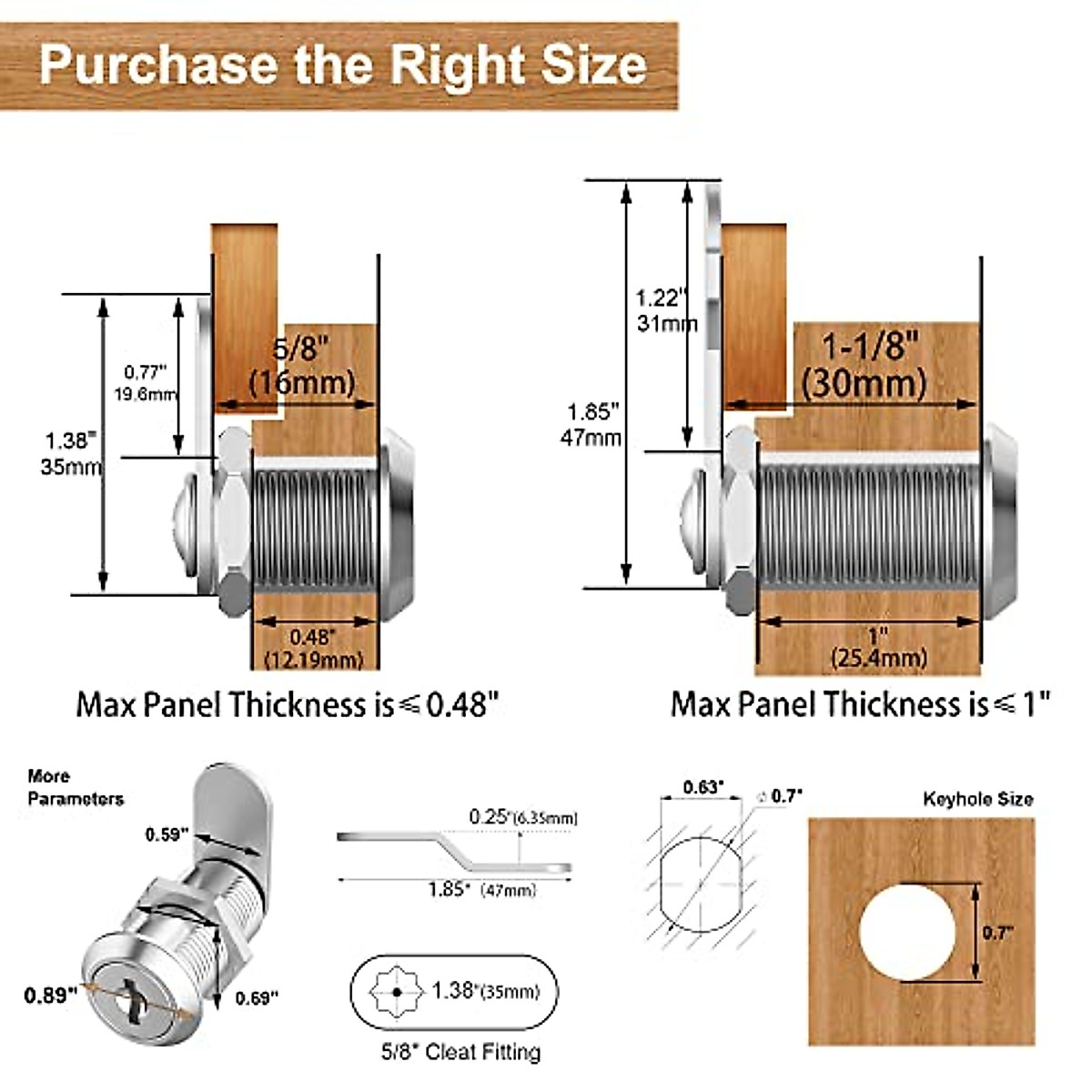 Hecfu 1 Pack Cabinet Locks with Keys, 5/8" Cam Lock keyed Alike, Secure Drawer File Cabinet Mailbox Lock Replacement RV Storage Locks, Zinc Alloy