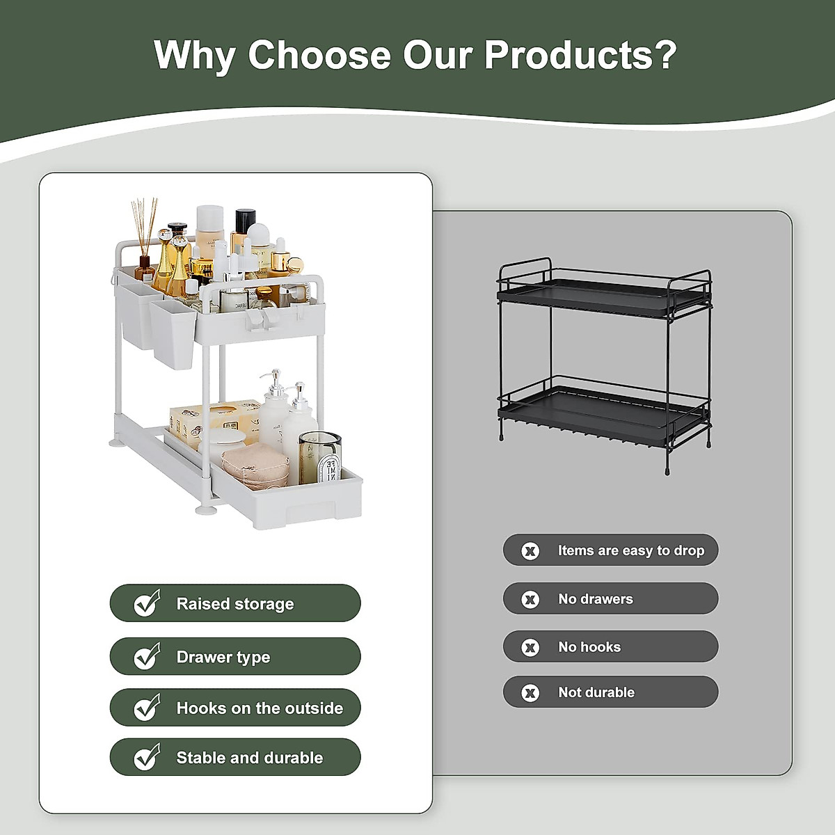 BAYANKHAR Under Sink Organizers and Storage, Multi-purpose Bathroom Organizer Under Sink, 2 Tier Under Kitchen Sink Organizer Sliding Cabinet organizer Basket with Hooks,Hanging Cup,white,2 Pack