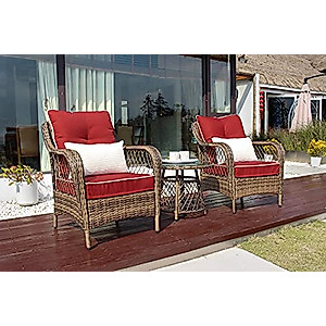 N&V Outdoor Chairs Set Bistro Set 3 Pieces Patio Conversation Set Furniture Set for Balcony Rattan Chairs and Table with Cushions Beige Red Green (RED)