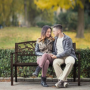 Patio Bench Park Bench, 50" Antique Powder Coated Iron Outdoor Metal Bench w/Floral Ivy Design Backrest, 400lbs Cast Iron Anti-Rust Sturdy Steel Frame Furniture for Porch Entryway Lawn Decor Deck