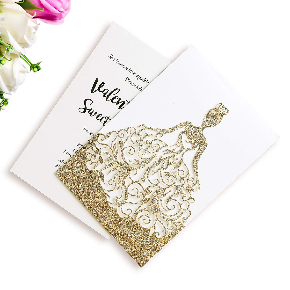 ponatia 25PCS Crown Gold Glitter Quinceanera Invitations, Laser Cut Invitations Cards With Envelopes, Printable Inner Sheets For Birthday, Baby Shower, Quinceañera Party Invite, XV Años, Quince