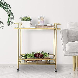VLOBAOM Rolling Bar Cart for Home, Beverage Cart with Storage Shelf, Mobile Shelving Unit Rolling Utility Cart, Kitchen Serving Trolley,30''Dx17''Wx31''H,Gold
