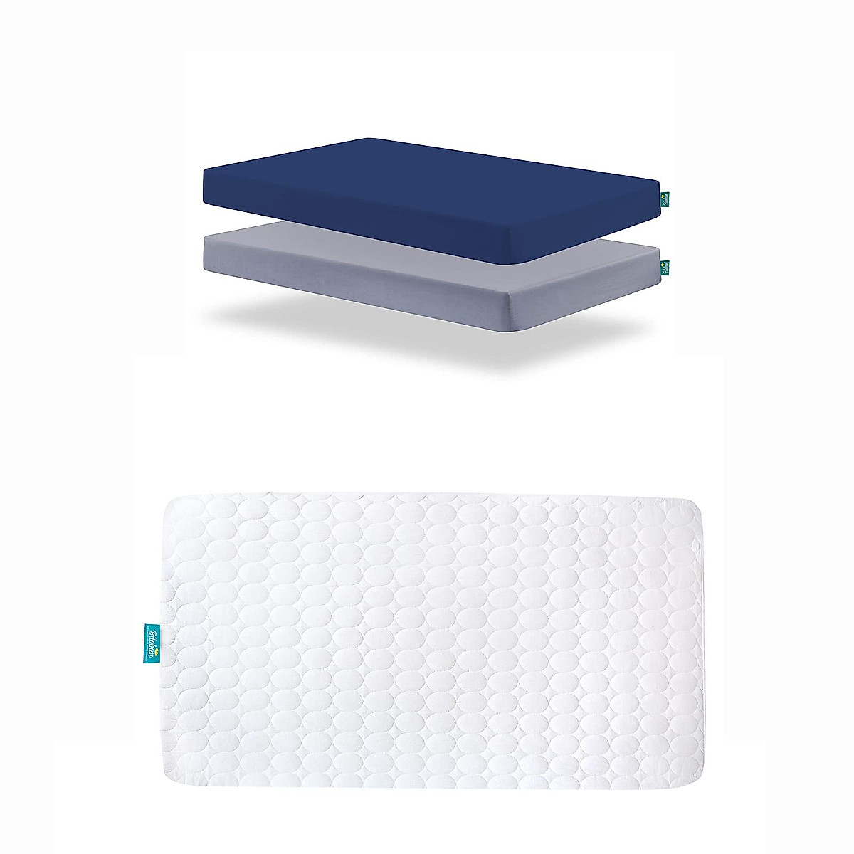 Toddler Waterproof Crib Mattress Pad Cover with 2 Pack Crib Sheets,Standard Size 52” x 28”,Machine Washable, White& Navy