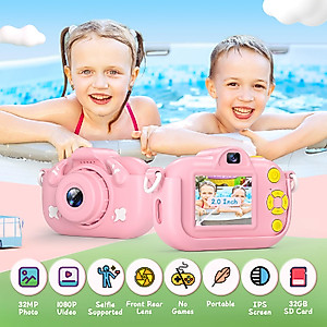Kids Camera, HD 1080P Digital Video Camera for Boys and Girls, 32MP Kids Selfie Camera for Kids Aged 3-9, Portable Toy Toddler Camera with No Game & 32GB Card, Perfect Christmas Birthday Gifts