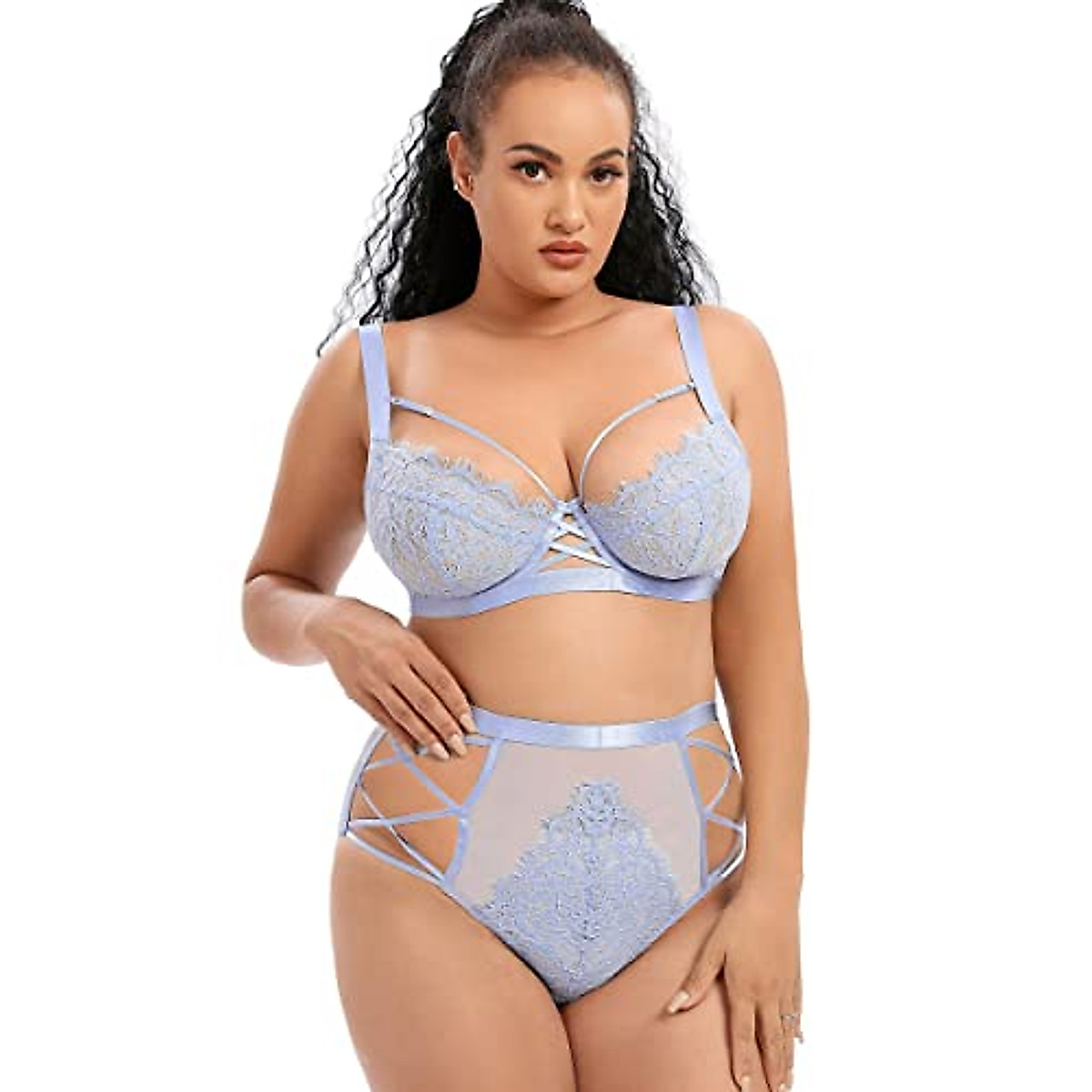 Women's Minimizer Eyelash Lace Plus Size Full Figure Non-Padded Underwire Unlined Sheer Bra (Corn Flower Blue, 40K)