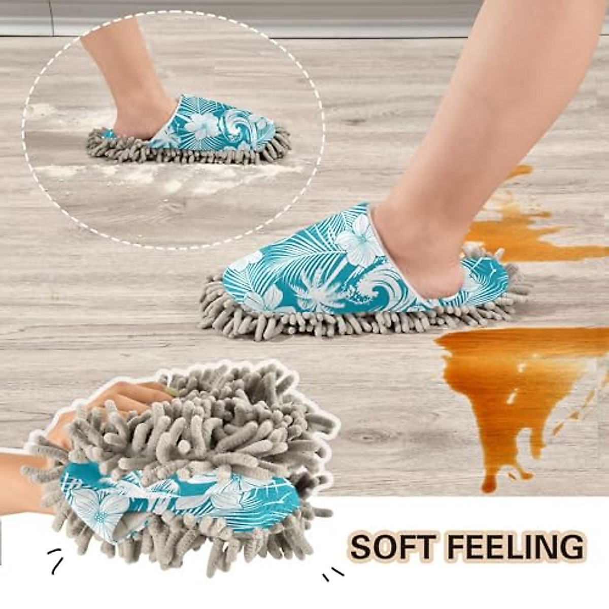 FLildon Microfiber Cleaning Slippers Beach Palm Hibiscus Washable Mop Shoes Slipper for Men/Women House Floor Dust Cleaner, Size M