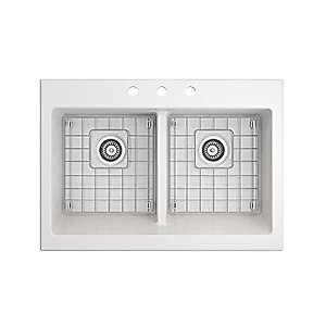 BOCCHI Nuova Apron Front Drop-In Fireclay 34 in. 50/50 Double Bowl Kitchen Sink with Protective Bottom Grids and Strainers in White