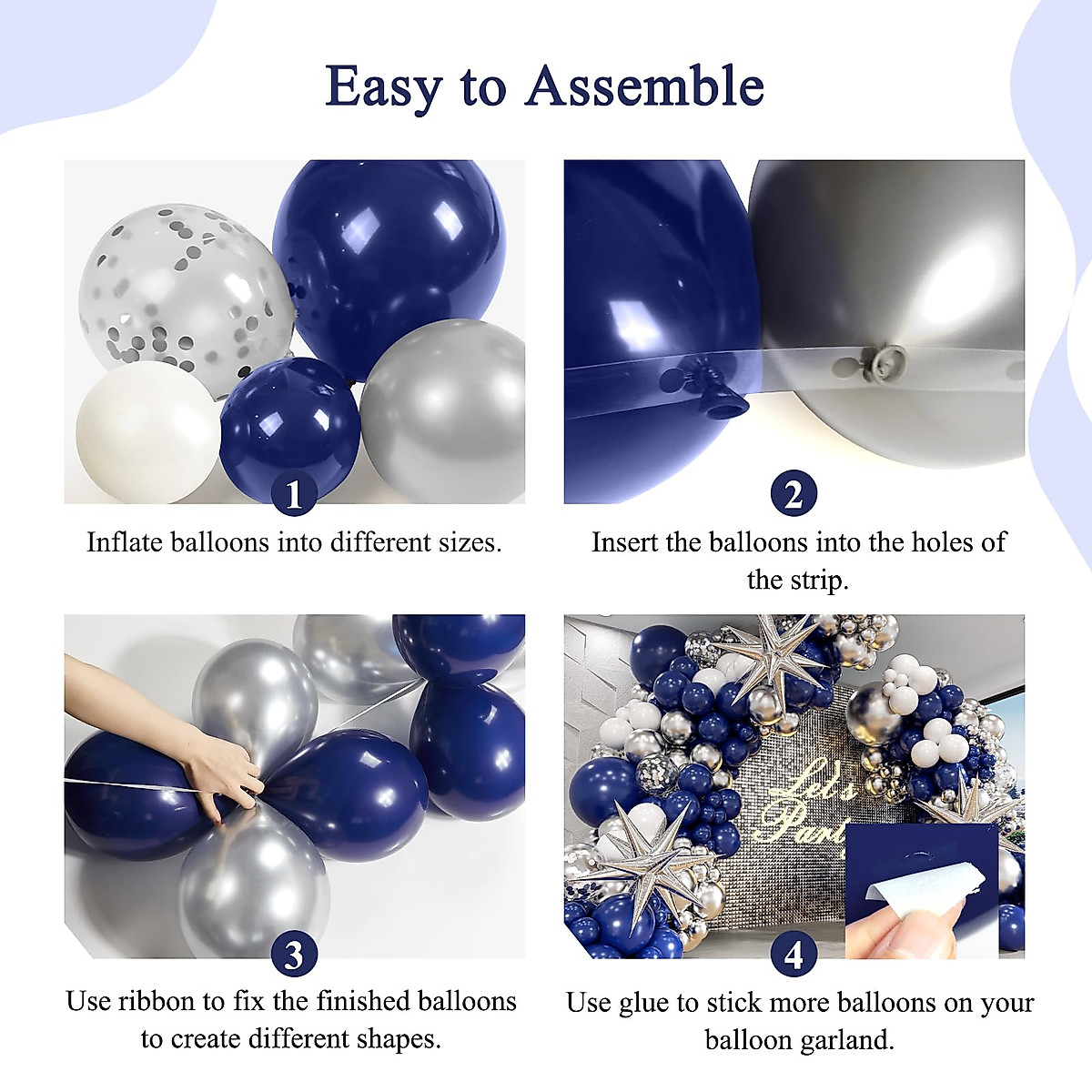 130pcs Navy Blue and Silver Balloon Garland Arch Kit with 3pcs Silver Star Balloons, Royal Blue Metallic Silver White Balloons for Birthday Baby Shower Wedding Graduation Party Decorations