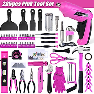 Pink Tool Set, 205 Piece Home Tool Kit with 3.6V Electric Screwdriver and Universal Sockets Tools, Pink Tool Kit with Storage Tool Bag, Tool Sets for Women, for Gift, Home Repair, Dorm