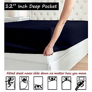 400 Thread Count 100% Egyptian Cotton Sheet Set - Olympic Queen Size Sheets Set - 12 inch Deep Pocket of Fitted Sheet - 4 Piece Sheet Set (Navy Blue Stripe - Olympic Queen 12 inch Deep Pocket Sheets)