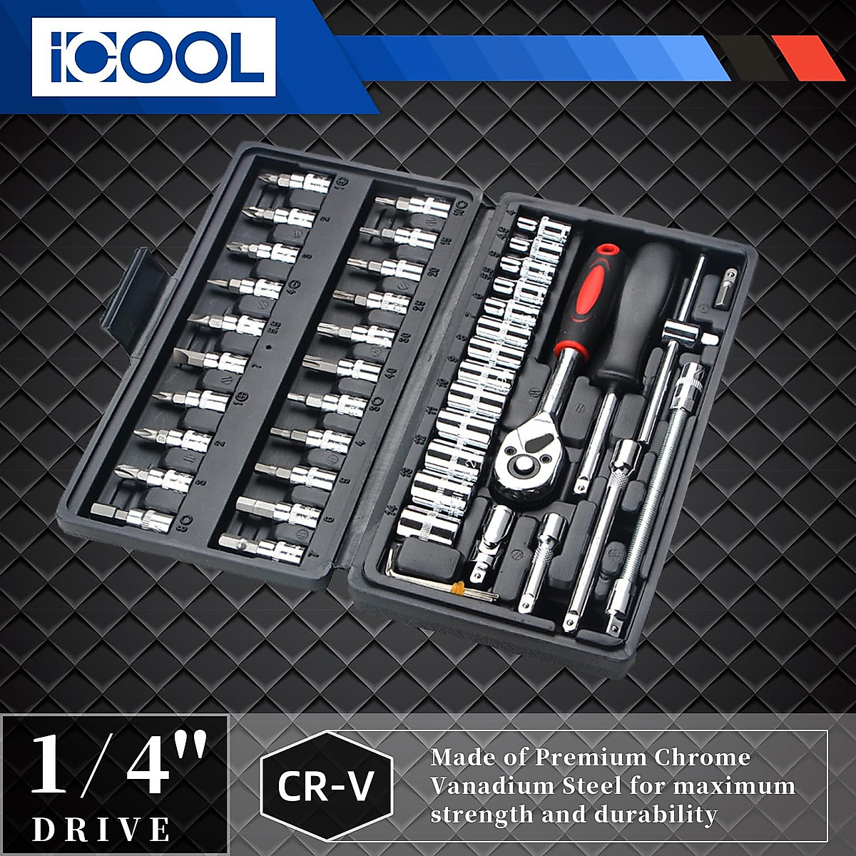 ICOOL 46pcs 1/4 Inch Drive Socket Set, Ratchet Socket Wrench Set with S2 Bit Sockets, 72-Teeth Reversible Ratchet, 4-14mm Sockets for Home or Automobile Maintenance