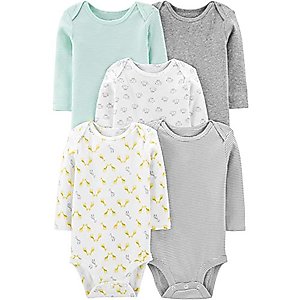 Simple Joys by Carter's Kid's 5-Pack Long-Sleeve Bodysuit Shirt, Mint/Stripes/Heather Grey/Prints, 18M