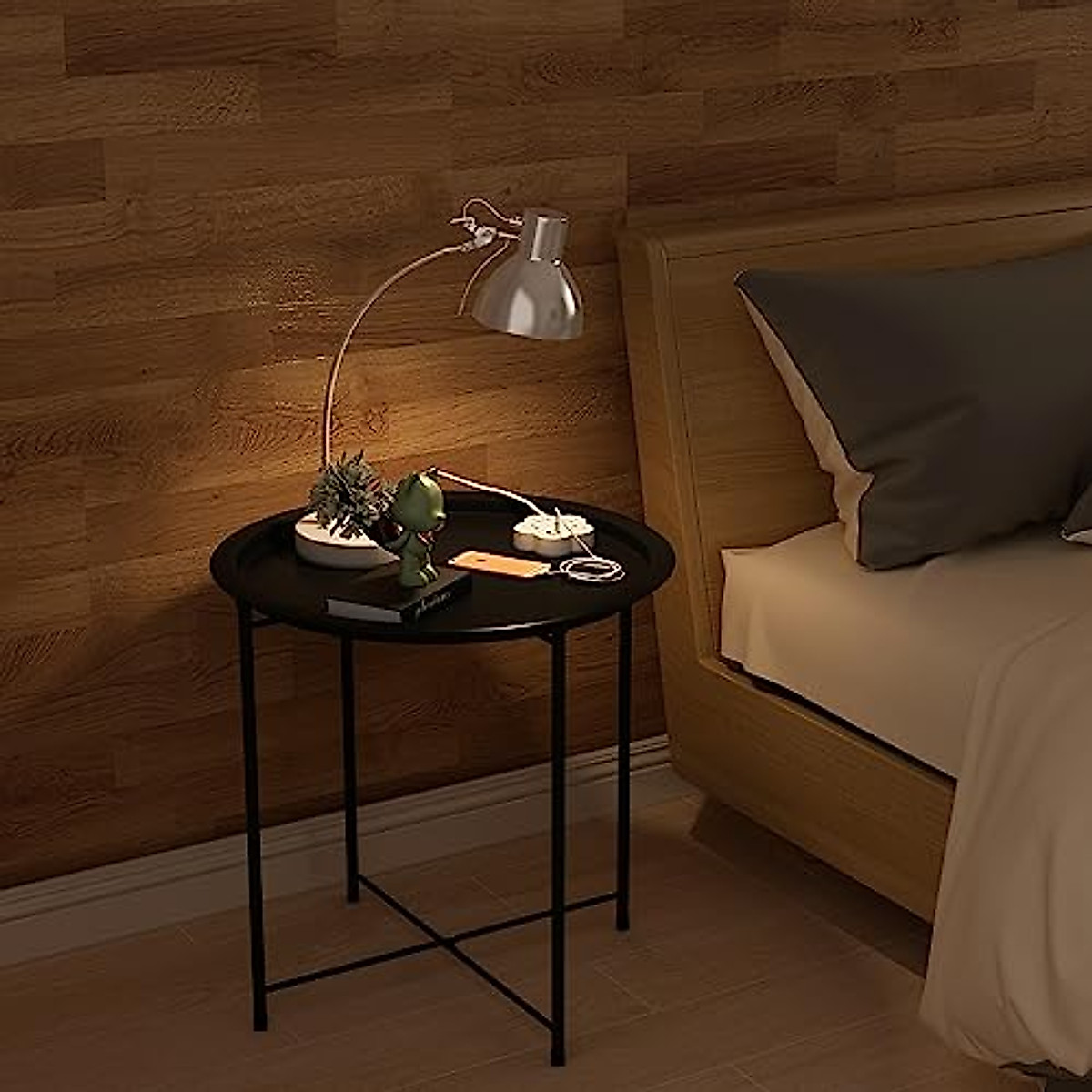 FSTAR Small Round Side End Table, Small Round Nightstand, Portable Folding Metal Accent Table Next to Couches/Sofas, or Against a Wall (Black, 1PCS)