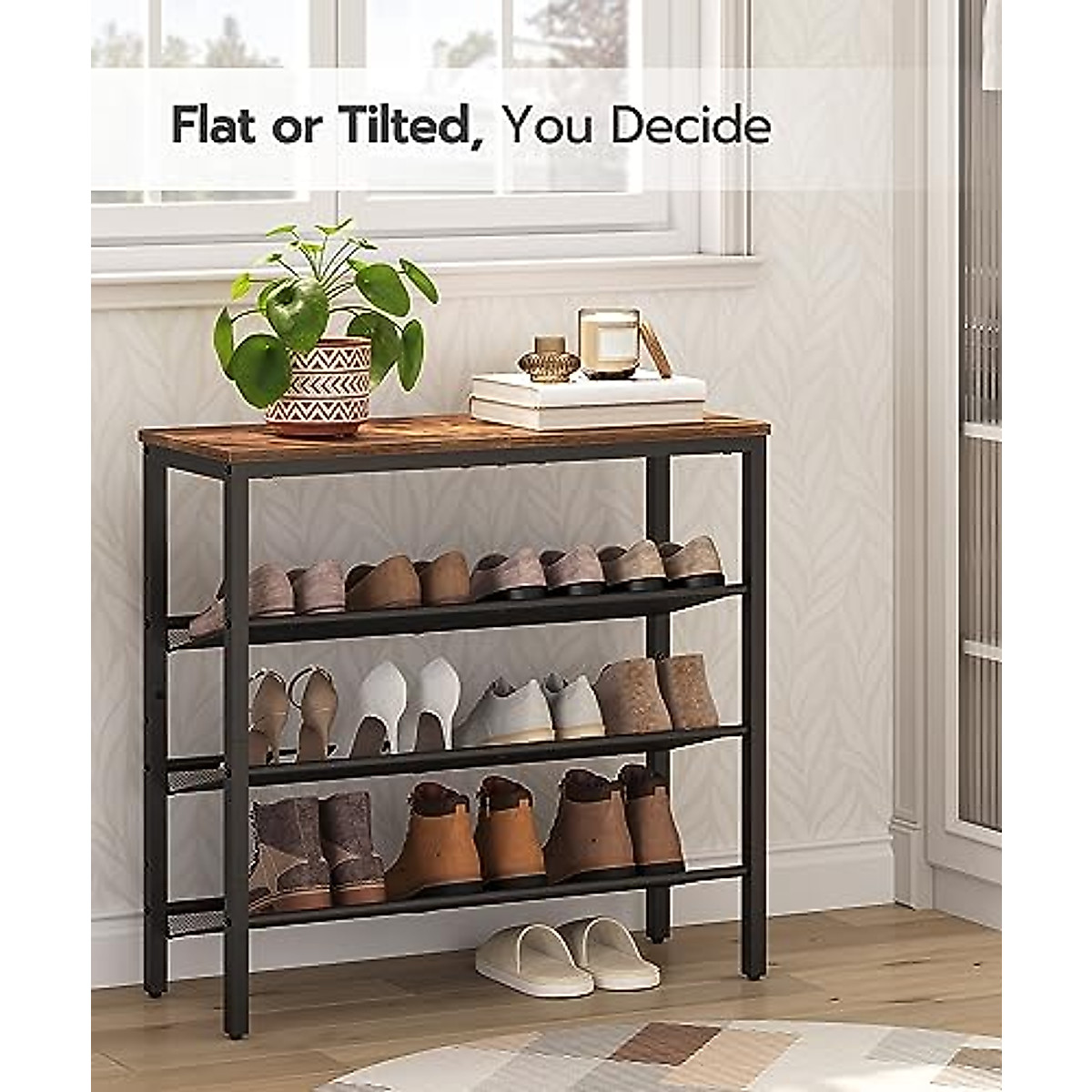 HOOBRO Shoe Rack, 4-Tier Shoe Rack, Shoe Shelf for Entryway, Closet, Holds 12-15 Pairs of Shoes, Shoe Storage Organizer with 3 Metal Mesh Shelves, Solid and Stable, Industrial, Rustic Brown BF42XJ01