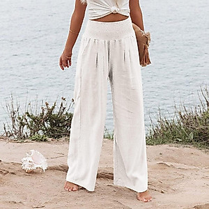 JIELAFIC Linen Pants for Women Wide Leg Elastic High Waisted Palazzo Pants Lounge Yoga Trousers Beach Pants with Pockets (A#White,XL)