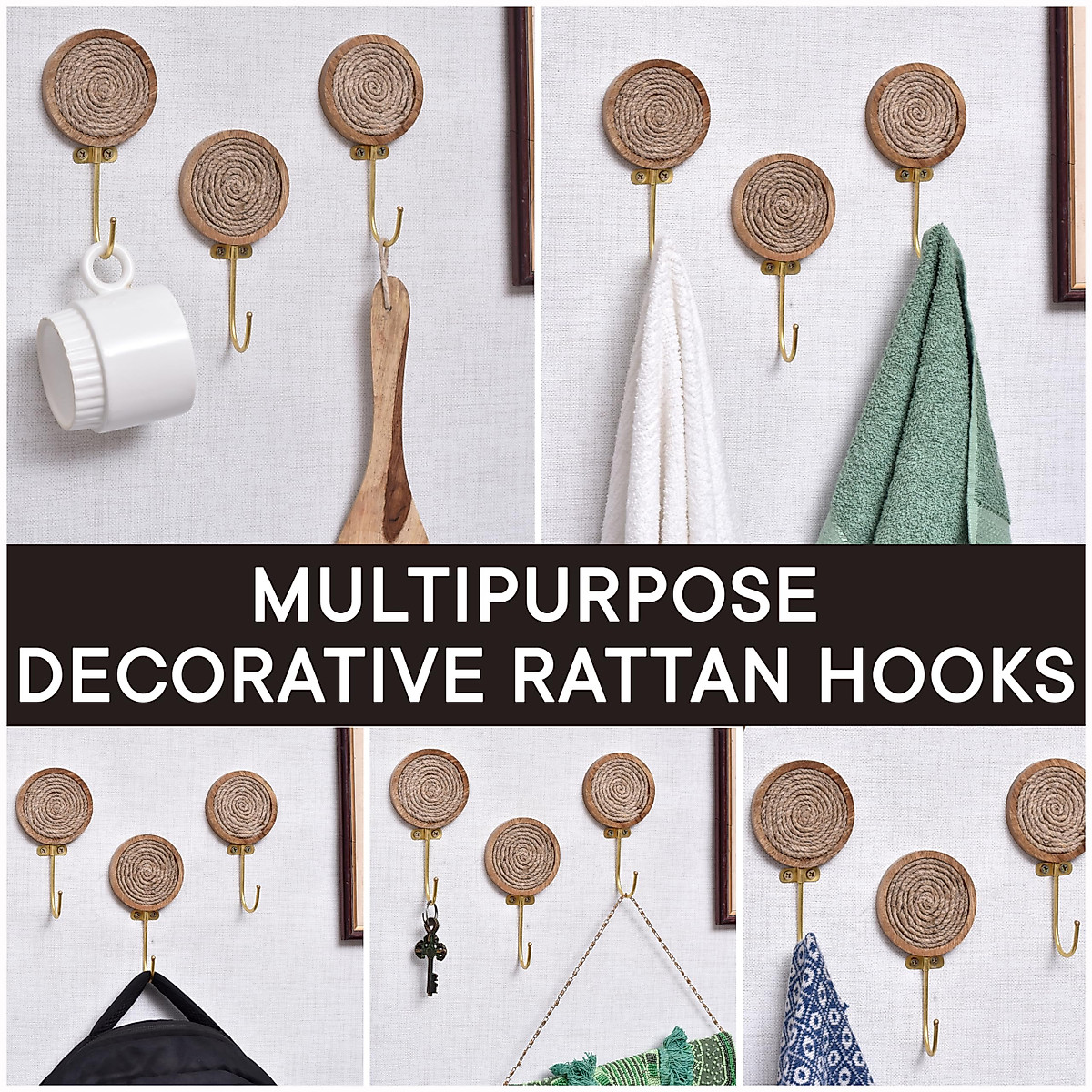 Indian Shelf 3 Piece Wood Boho Wall Hooks for Hanging Coats, Bags, Backpack Decorative Key Holder Unique Coat Rack Wall Mounted Natural Brown Rattan Key Hooks