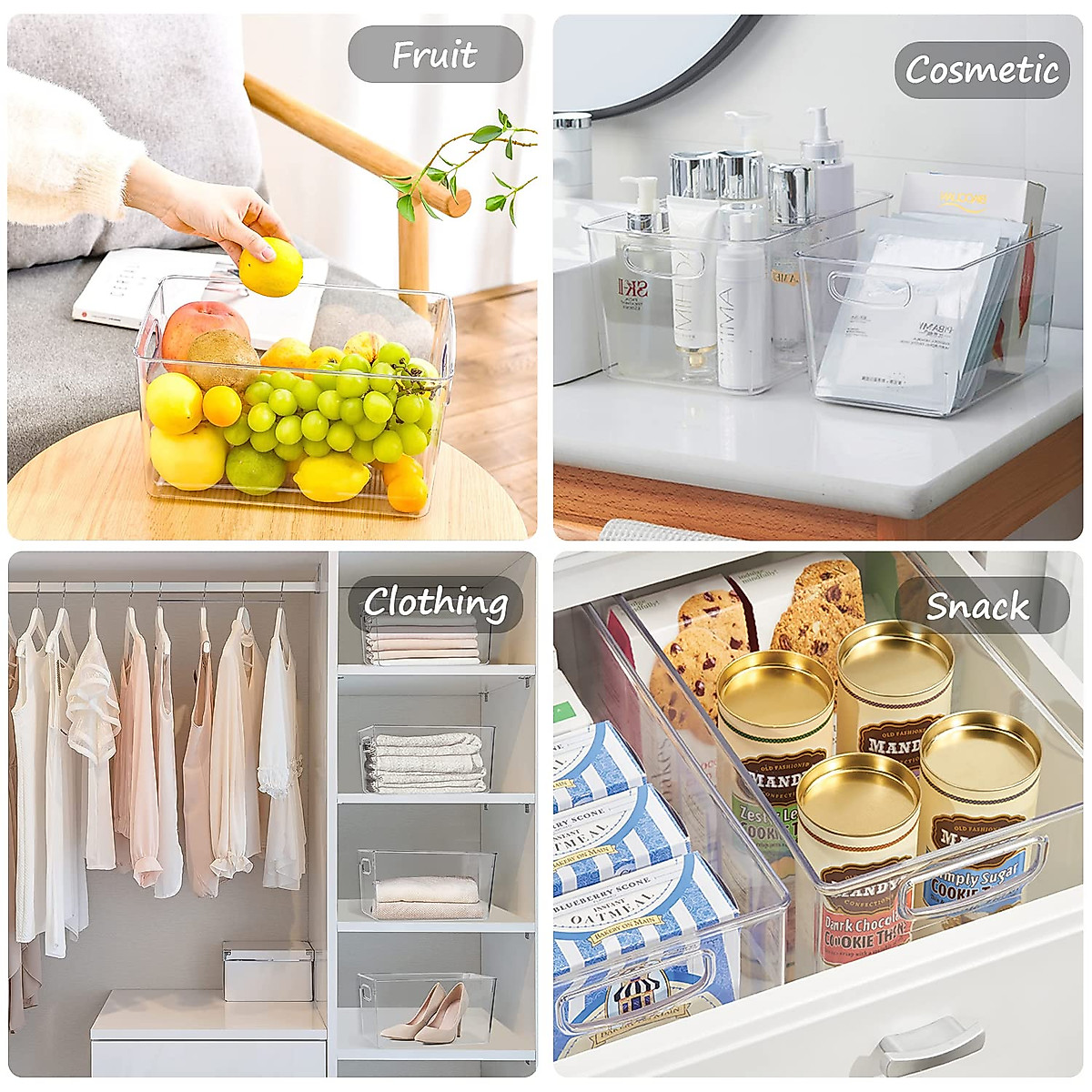 ACIGI Fridge Kitchen refrigerator organizer bins box - Clear Food Storage Baskets for Kitchen, Fridge, Freezer, Cabinets, Countertops, Bedrooms, Stackable Plastic Household Containers, Transparent