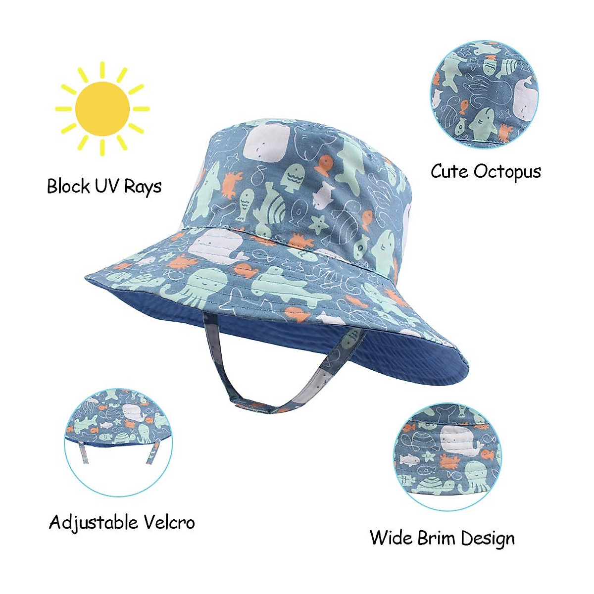 XIAOHAWANG Baby Boy Bucket Toddler Kids Sun Hat UPF 50+ Wide Brim Outdoor Beach Caps Play hat (Octopus, XS(3-6 Months))