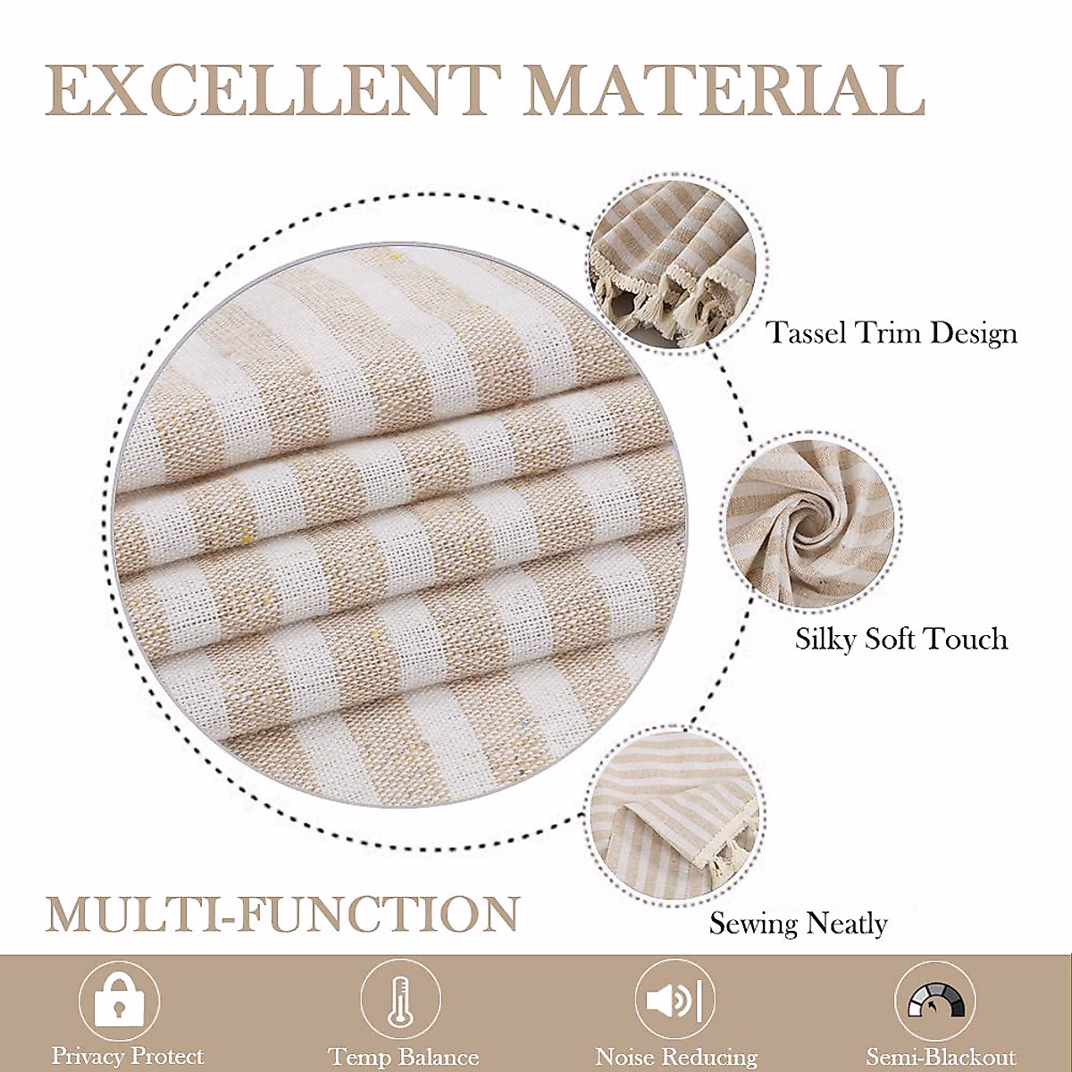 ColorBird Striped Semi-Blackout Window Curtains 2 Panels Farmhouse Style Cotton Linen Darkening Curtains with Tassel Rod Pocket Window Drapes for Dining Living Bedroom (52" W x 84" L, 1 Pair, Beige)