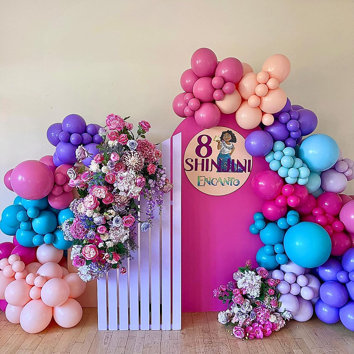 Encanto Balloon Garland Arch Kit, Magic House Mirabel Theme With Hot Pink Purple Balloons For Moana Birthday Girl's Baby Shower Bridal Shower Wedding Valentine Party Decorations