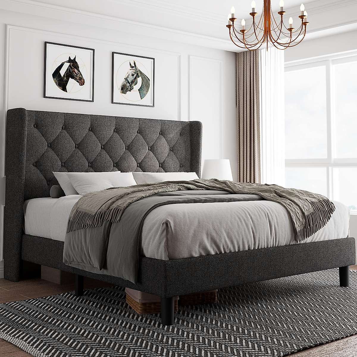 iPormis Queen Bed Frame Upholstered Wingback Platform Bed Frame with Diamond Button Tufted Headboard, 8" Under-Bed Space, Sturdy Wooden Slats, Noise-Free, No Box Spring Needed, Dark Gray