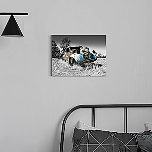 SunFlax Car Picture Canvas Wall Art - Rusty Blue Truck Picture Country Painting Vintage Black and White Print Rustic Farmhouse Artwork for Bedroom Bathroom Office