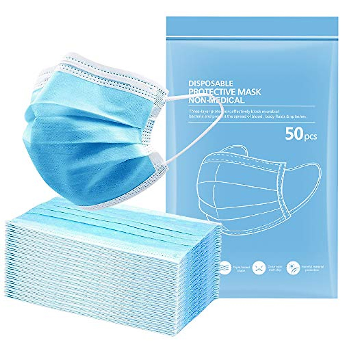 HSDZ 50PCS Bulk Face Masks for Women, Breathable 3 Ply Disposable Face Mask with Elastic Earloop Adult Mouth Cover for School Office Supplies(Blue)