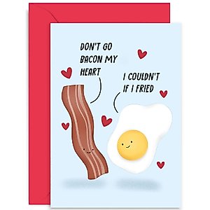 Old English Co. Funny Wedding Anniversary Card for Husband or Wife - Don't Go Bacon My Heart Pun - Engagement Valentine's Card for Couple, Boyfriend, Girlfriend, Fiance | Blank Inside with Envelope
