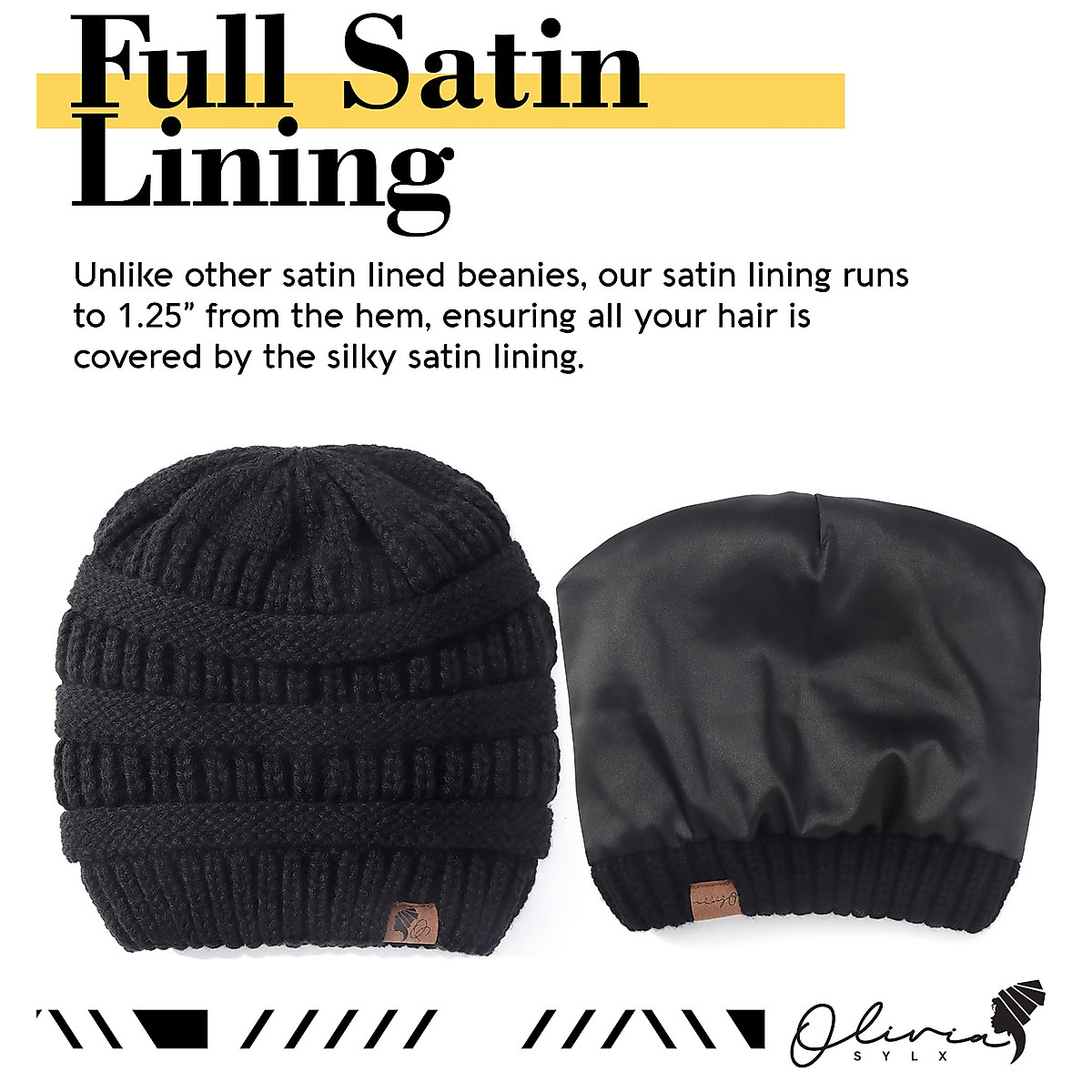 Olivia Sylx Satin Lined Beanie for Women - Satin Beanie,Silk Beanie, Satin Lined Winter Hats for Women & Slouchy Beanie Black