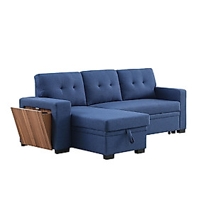 RENDGO 92 inch L-Shape Sectional Sleeper Sofa with Chaise Storage and Pull-Out Bed, Tufted Linen Backrest, Reversible 3-Seater for Living Spaces, Blue