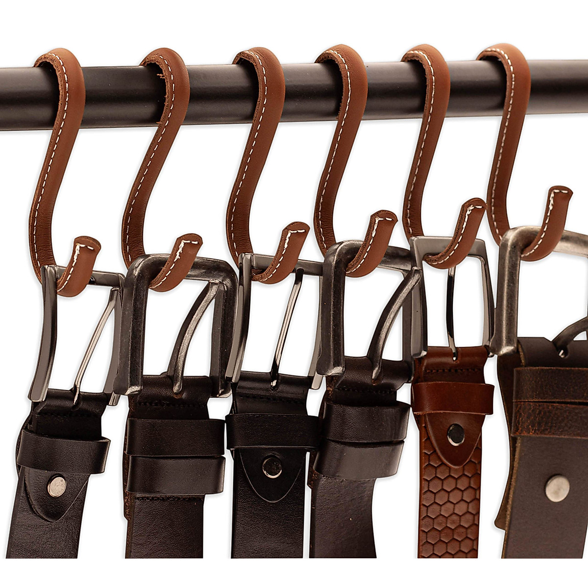 Brute Strength - S Shaped Hooks Wrapped in Full Grain Leather - 6 pcs - Cognac - Stainless Steel Metal Hangers Hanging Hooks for Kitchen - Leather Hooks - Leather s Hooks