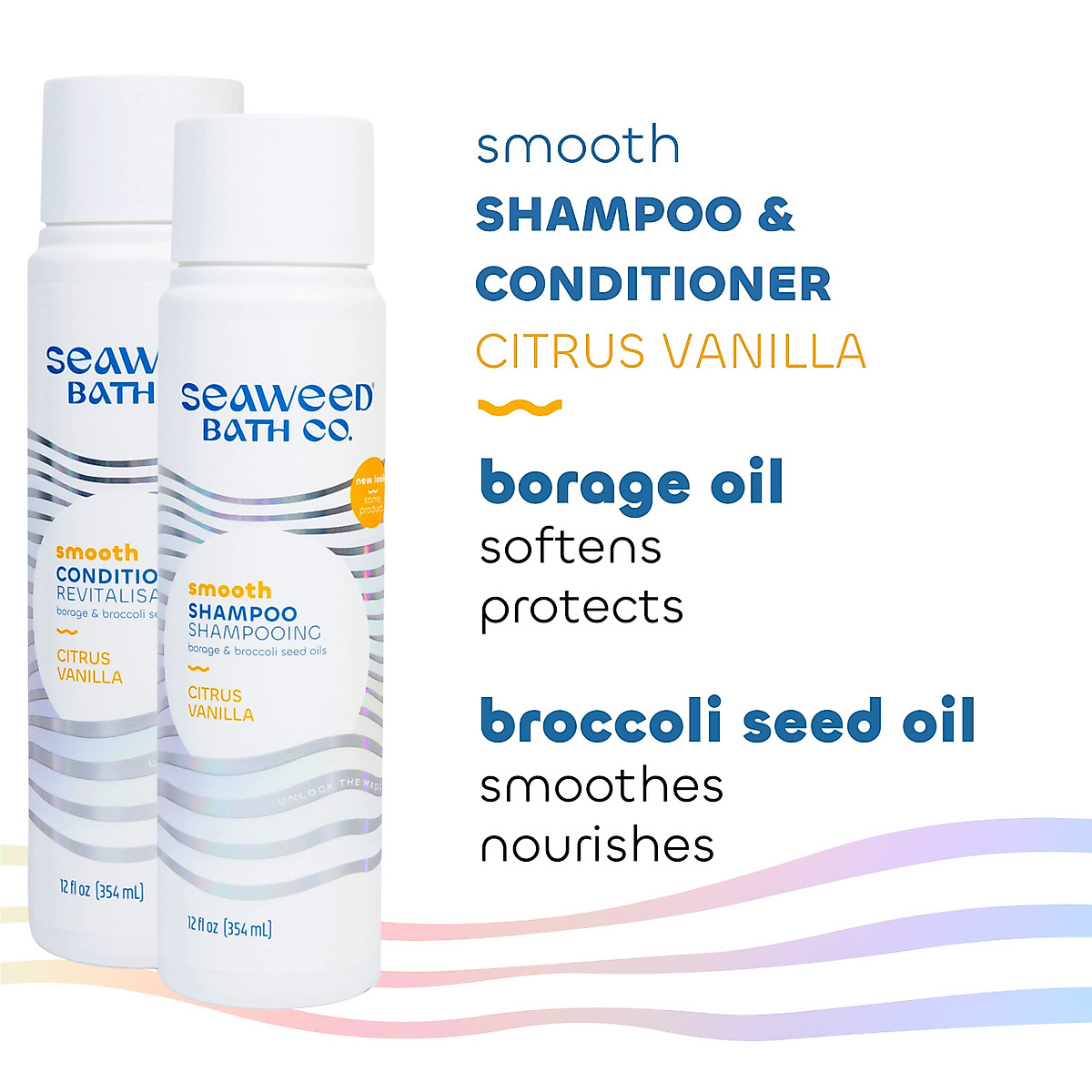 Seaweed Bath Co. Smooth Shampoo and Conditioner Set, Citrus Vanilla Scent, 12 Ounce (Pack of 2), Sustainably Harvested Seaweed, Borage and Broccoli Seed Oils, For Curly and Frizzy Fine Hair
