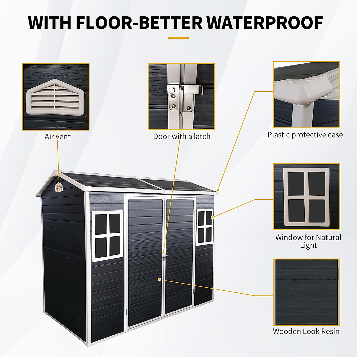 Ball & Cast 4x8 FT Resin Outdoor Storage Shed,Waterproof Garden Organizer Tool House with Floor & Two Windows,Backyard Cabinet w/Lockable Door and Ventilation,Shelter for Car,Bike,Lawnmower,Black