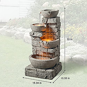 Teamson Home Water 4 Tiered Bowls Floor Stacked Stone Waterfall Fountain with LED Lights and Pump for Outdoor Patio Garden Backyard Decking Décor, 33 inch Tall, Gray