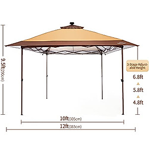 Suntime 12x12 Instant Pop Up Gazebo Canopy Tent Shelter with Solar LED Lights, Zippered Mesh Mosquito Netting, Wheeled Roller Carry Bag, Bonus Weight Sandbags, Stakes, Ropes - Brown