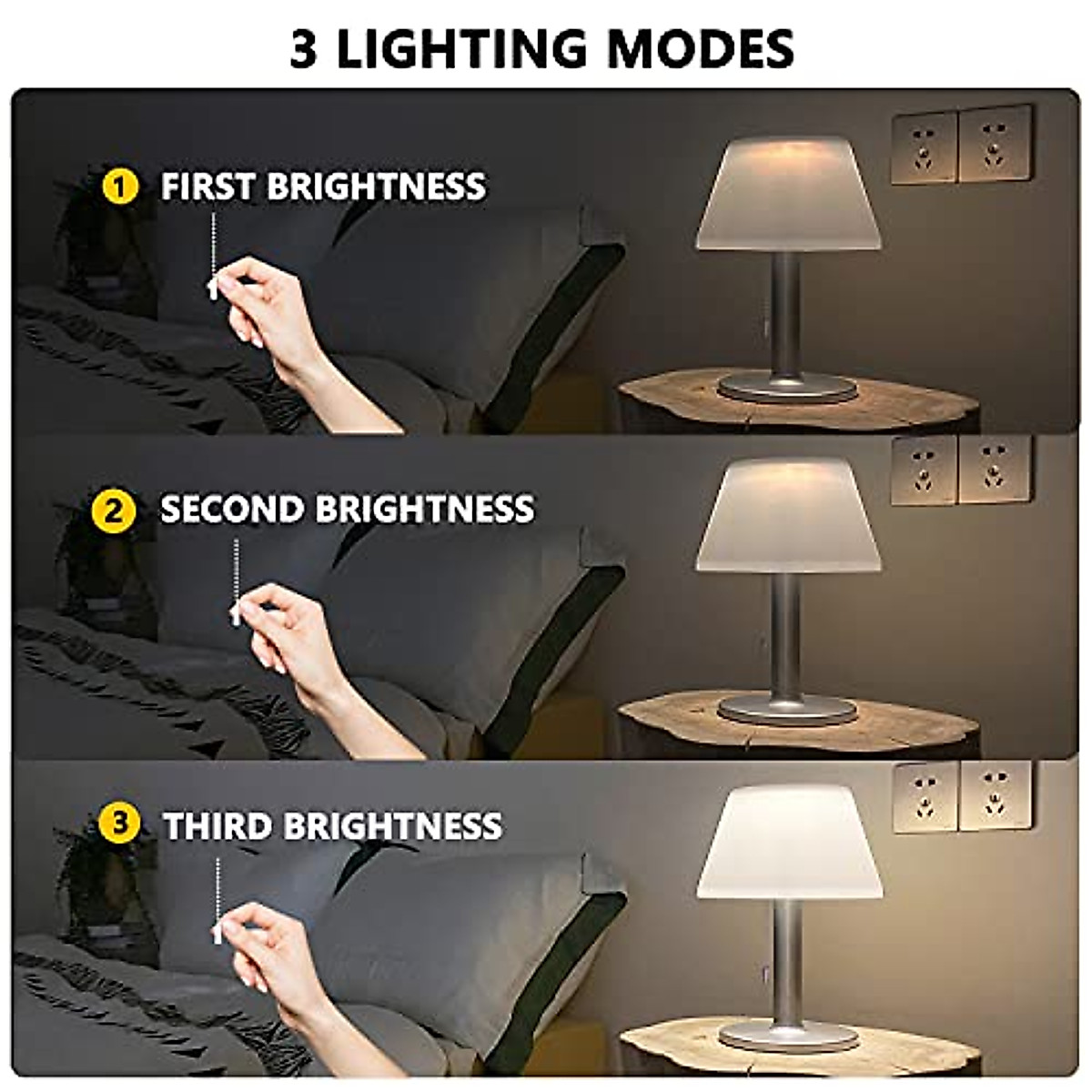 shumi Solar Table Lamp Outdoor Indoor - 3 Lighting Modes, Eye-Caring LED Waterproof Cordless Solar Desk Lamp with Pull Chain for Outside Patio Garden Bedroom Living Room(White Modern Decor)
