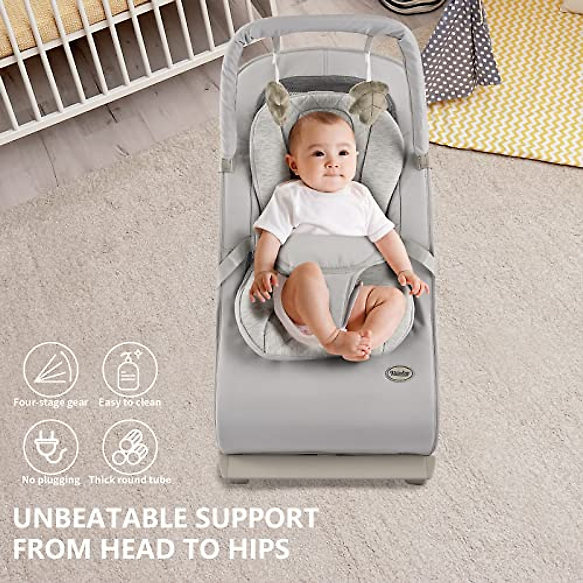 Baby Bouncer, Portable Bouncer Seat for Babies, Baby Swing 3-Point Harness for Newborn Babies (Grey)