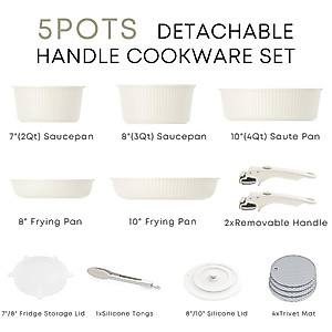 Caannasweis Detachable Nonstick Cookware Set - Stackable Induction Pots and Pans With Removable Handles, Dishwasher Safe - For RV Camping, Oven and Stovetop Use, 5 Pieces (Cream)