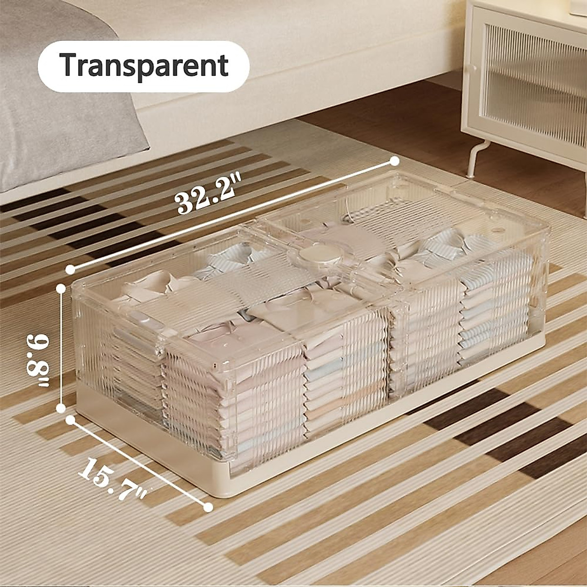 2 Pack Under-bed storage box with wheels, stackable, under-bed shoe storage drawer, foldable plastic storage box with lid, can store clothes, shoes, blankets, toys, books (L Szie，White Transparent)