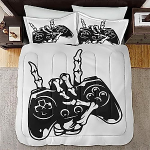 Comforter Set King Size, Vintage Gaming Skeleton Rock Soft Quilt for Kids and Adults, Retro Wireless Gamepad Bedding Set with 2 Pillowcases for Bedroom Bed Decor
