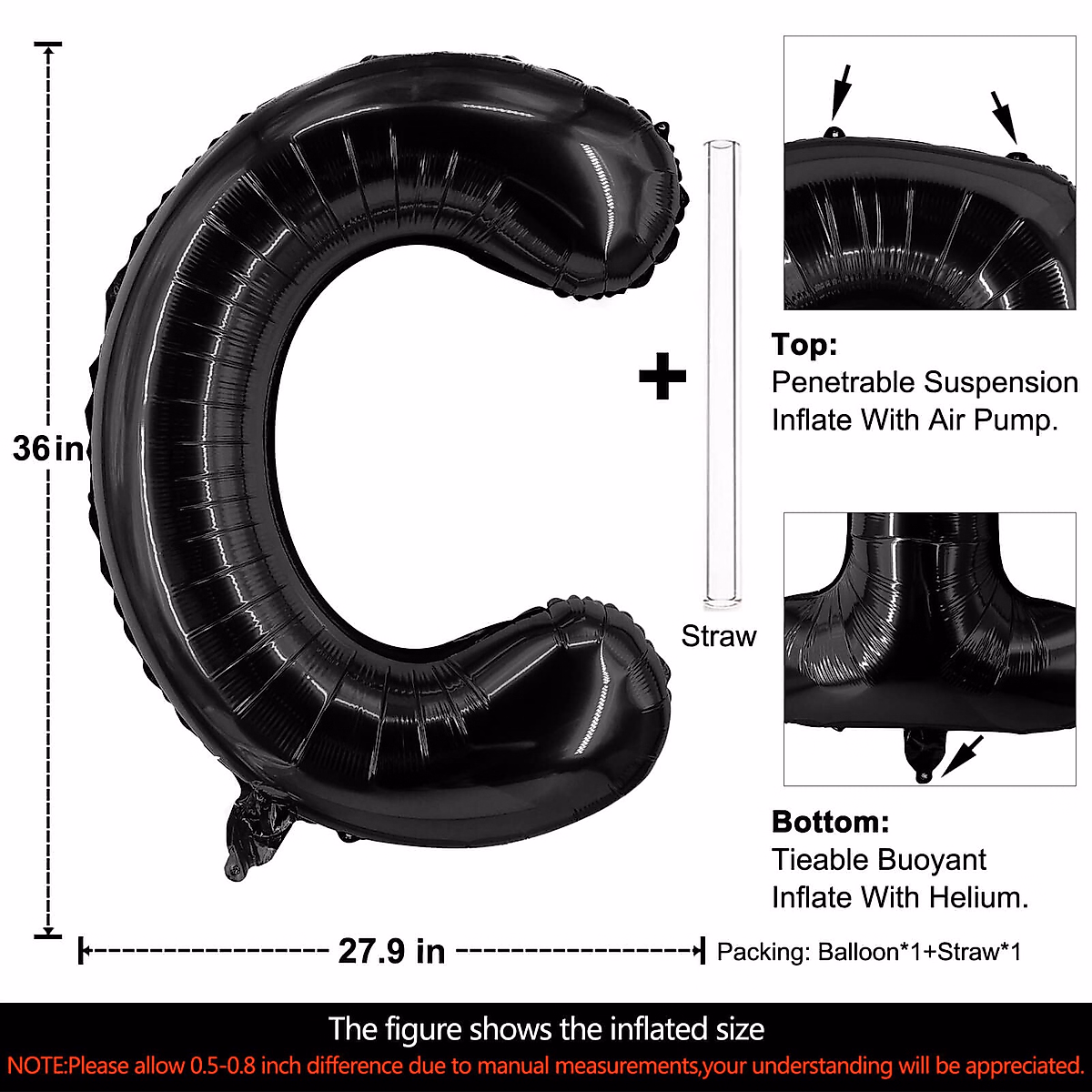 Lovoir 40 Inch Large Black Letter C Balloons Big Size Jumbo Mylar Foil Helium Balloon for Birthday Party Celebration Decorations Alphabet Black C