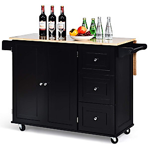 Giantex Kitchen Island Cart with Drop-Leaf Tabletop, Large Trolley Cart with Large Cabinet, 3 Drawers, Towel Rack, Kitchen and Dining Room Utensils Organizer on Wheels