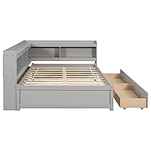 JIVOIT Full Size Captain Platform Bed with L-Shaped Bookcases and Two Storage Drawers, Solid Wood Platform Bed Frame with Wood Slats Support for Kids Teens Adults