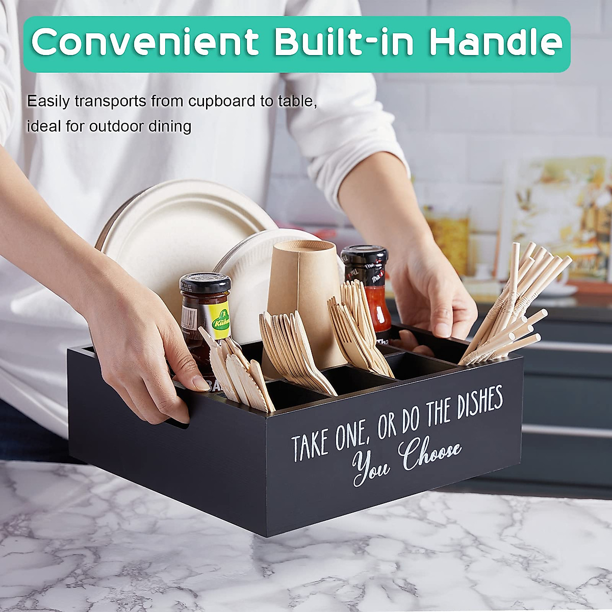 ALELION Paper Plate Holder for Counter, Cutlery Holder with Handles, Rustic Wood Organizer Caddy for Cups, Forks, Spoons, Napkins - Party BBQ Camping RV Buffet Caddy, Black Farmhouse Kitchen Decor