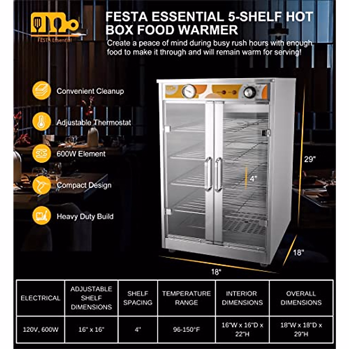 Festa Essential 5-Shelf Electric Commercial Hot Box Food Warmer for Pizza/Pretzel, Countertop Heated Holding Cabinet, Warming Oven for Catering, w/Thermometer and Adjustable Thermostat - 120V, 600W