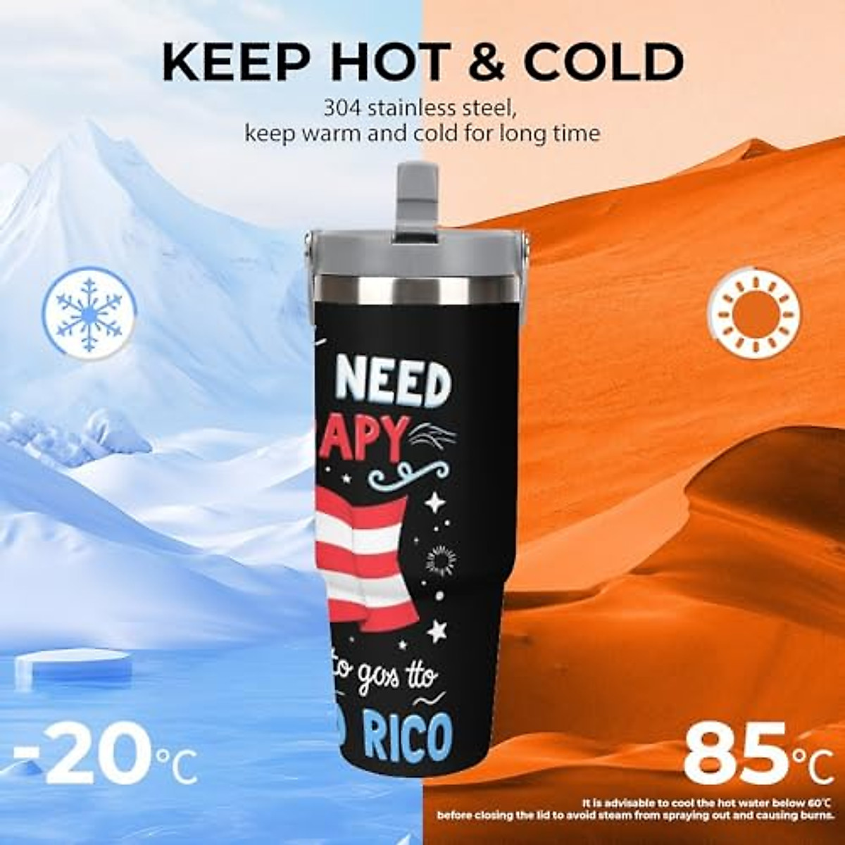 I Don't Need Therapy I Just Need to Porto Rico (1) 30 OZ Insulated Tumblers with Handle And Straw Leakproof Vacuum Insulated Stainless Steel Water Bottle for Car Fishing Travel