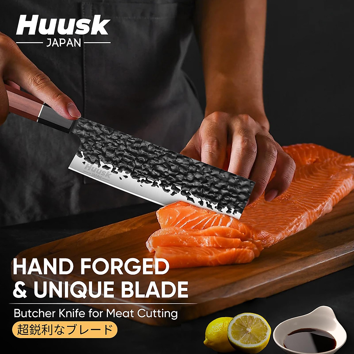 Huusk 7" Nakiri Chef Knife - Japanese Hand Forged Chopping Knives, 3 Layers 9CR18MOV High Carbon Kitchen Knife, Professional Sharp Cooking Knife with Ergonomic Handle for Meat, Vegetables, Fish
